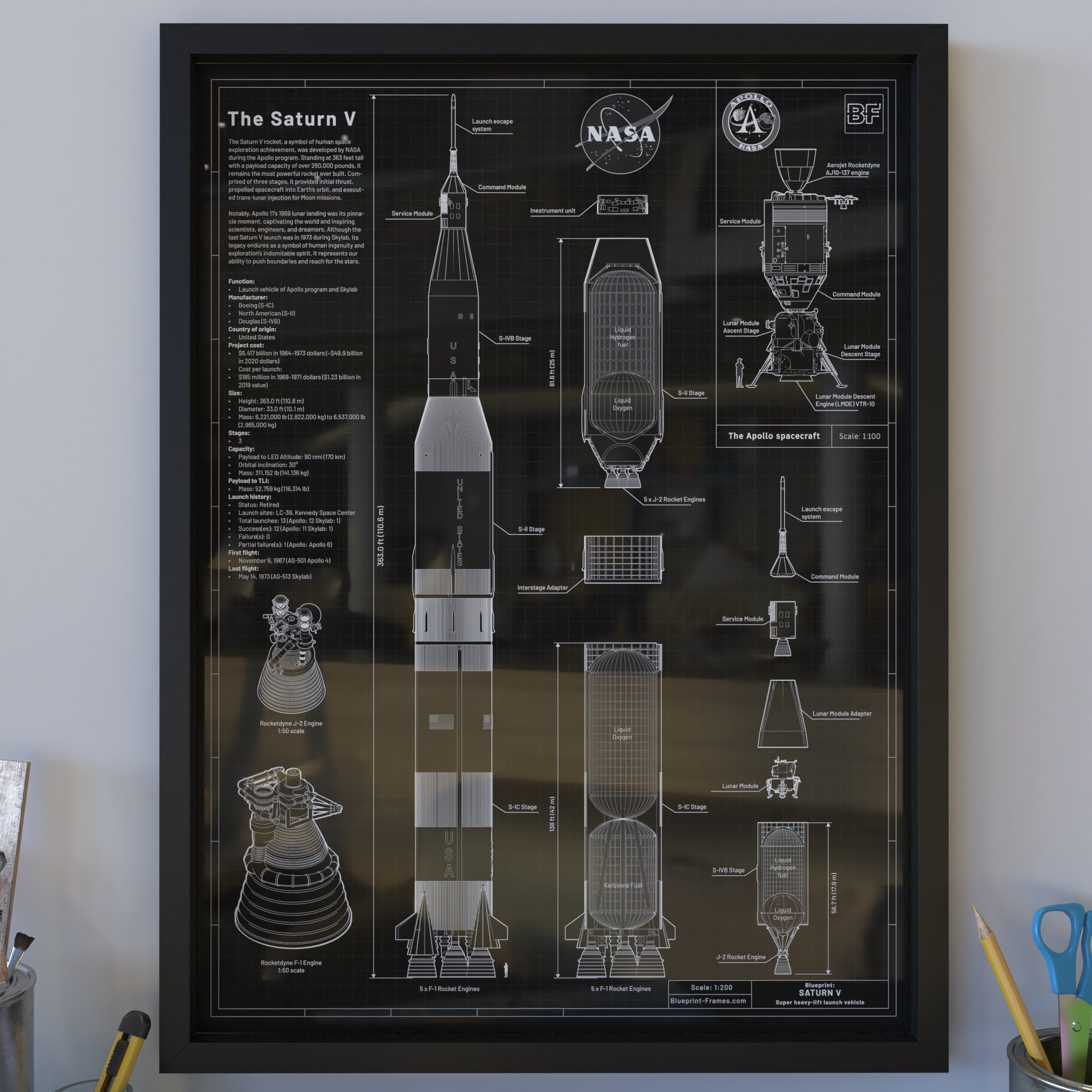Saturn V NASA Framed BLUEPRINT USA Nasa Moon Rocket Saturn V High ...
