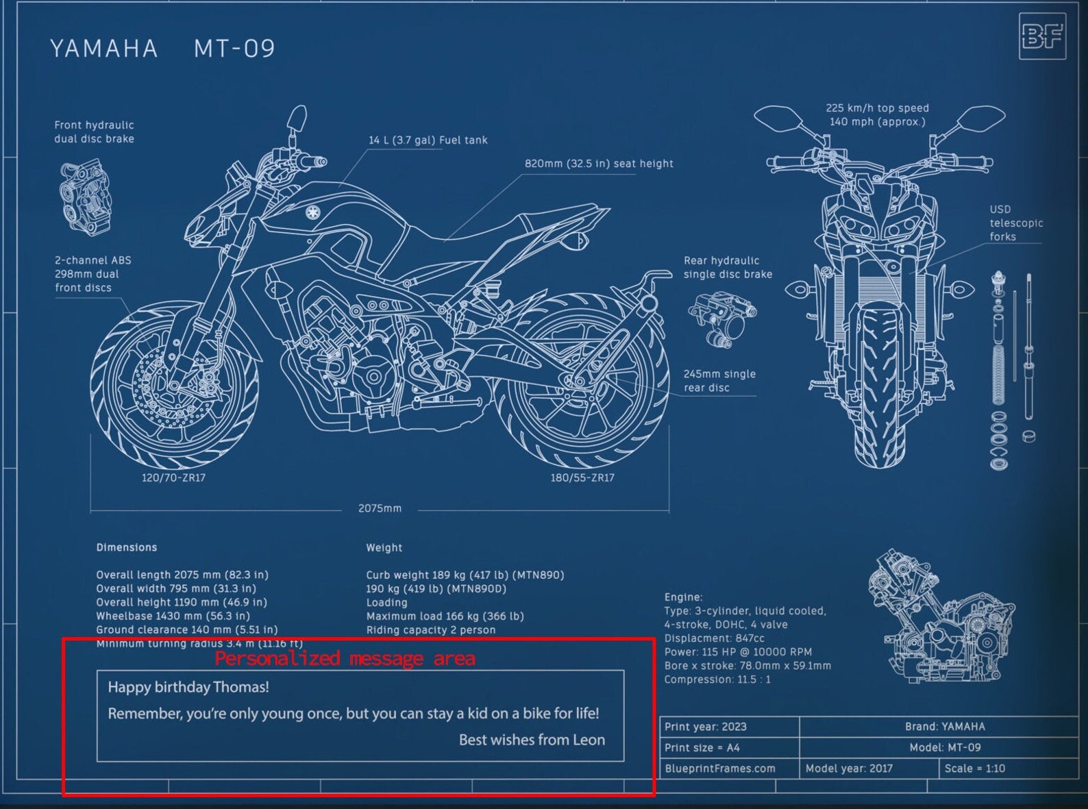 YAMAHA MT-09 Blueprint Wall Art Printed POSTER Gift for Motorcycle ...