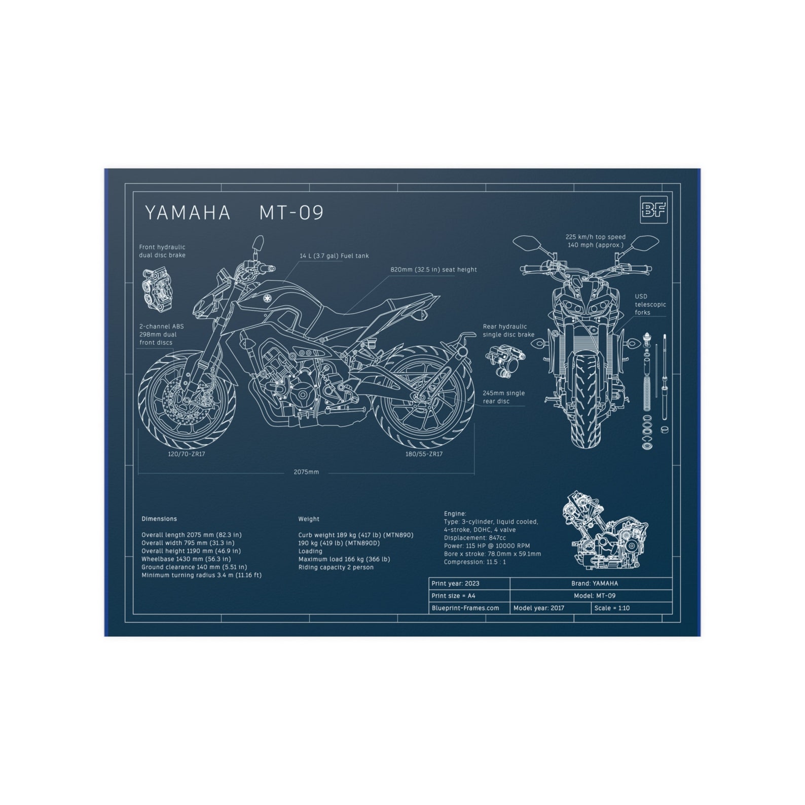 YAMAHA MT-09 Blueprint Wall Art Printed POSTER Gift for Motorcycle ...