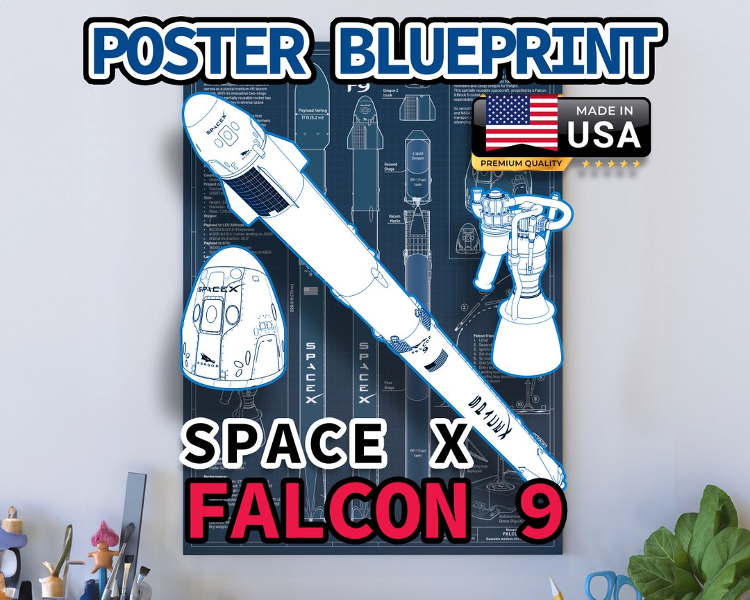 Spacex FALCON 9 POSTER Blueprint - Detailed Wall Art Printed Poster ...
