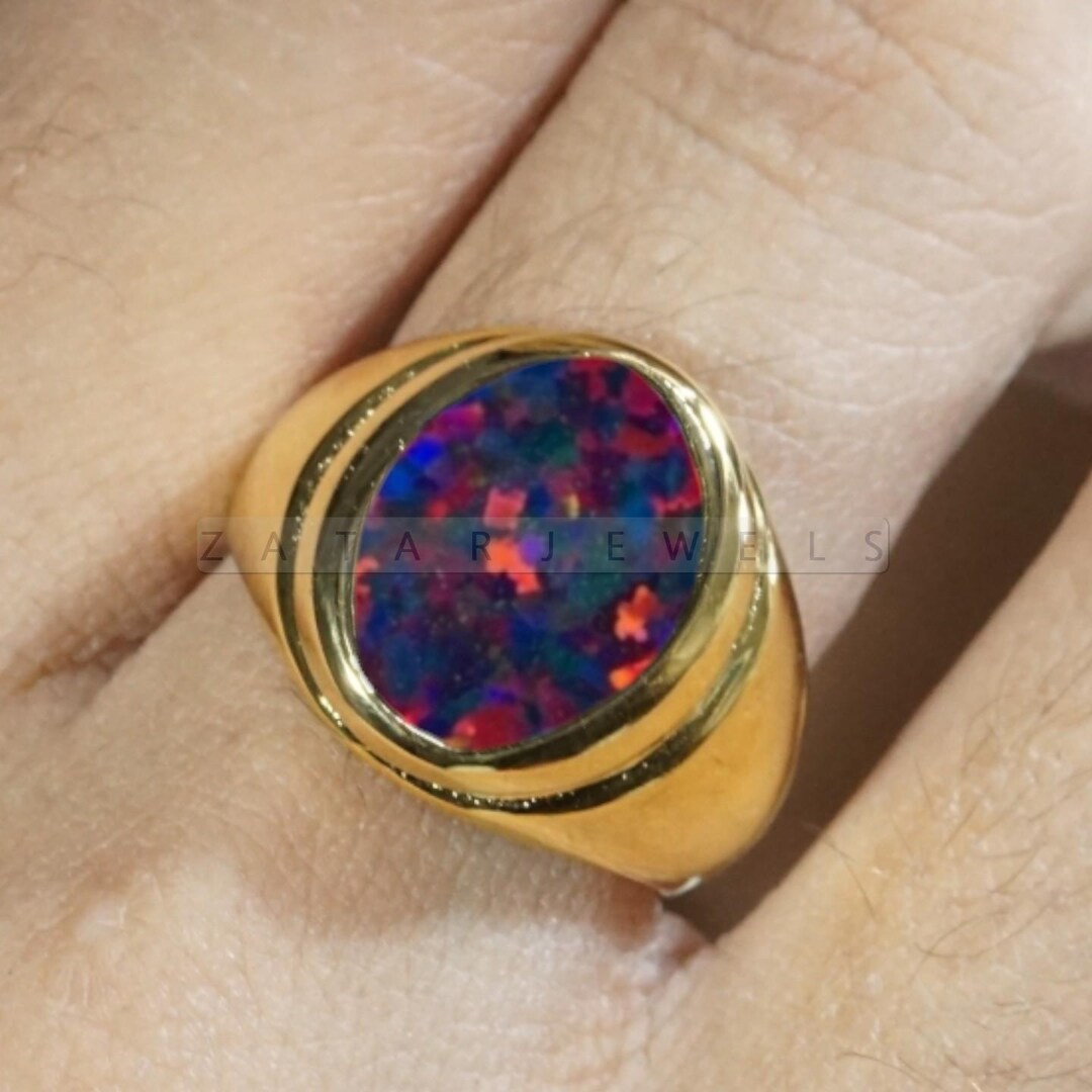 Black Opal Ring for Men, Black Opal Men's Ring, 14k Gold Over, AAA ...