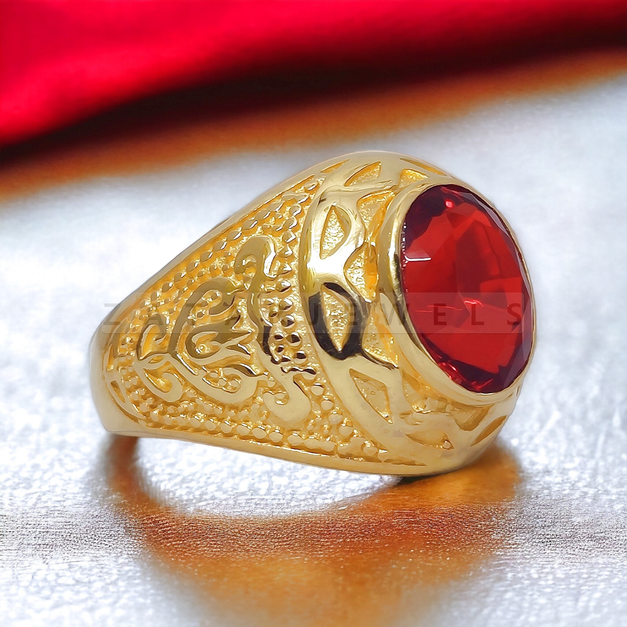 Ruby Ring for Men, 14k Gold Over Ring, July Bithstone Ring, Engraved ...