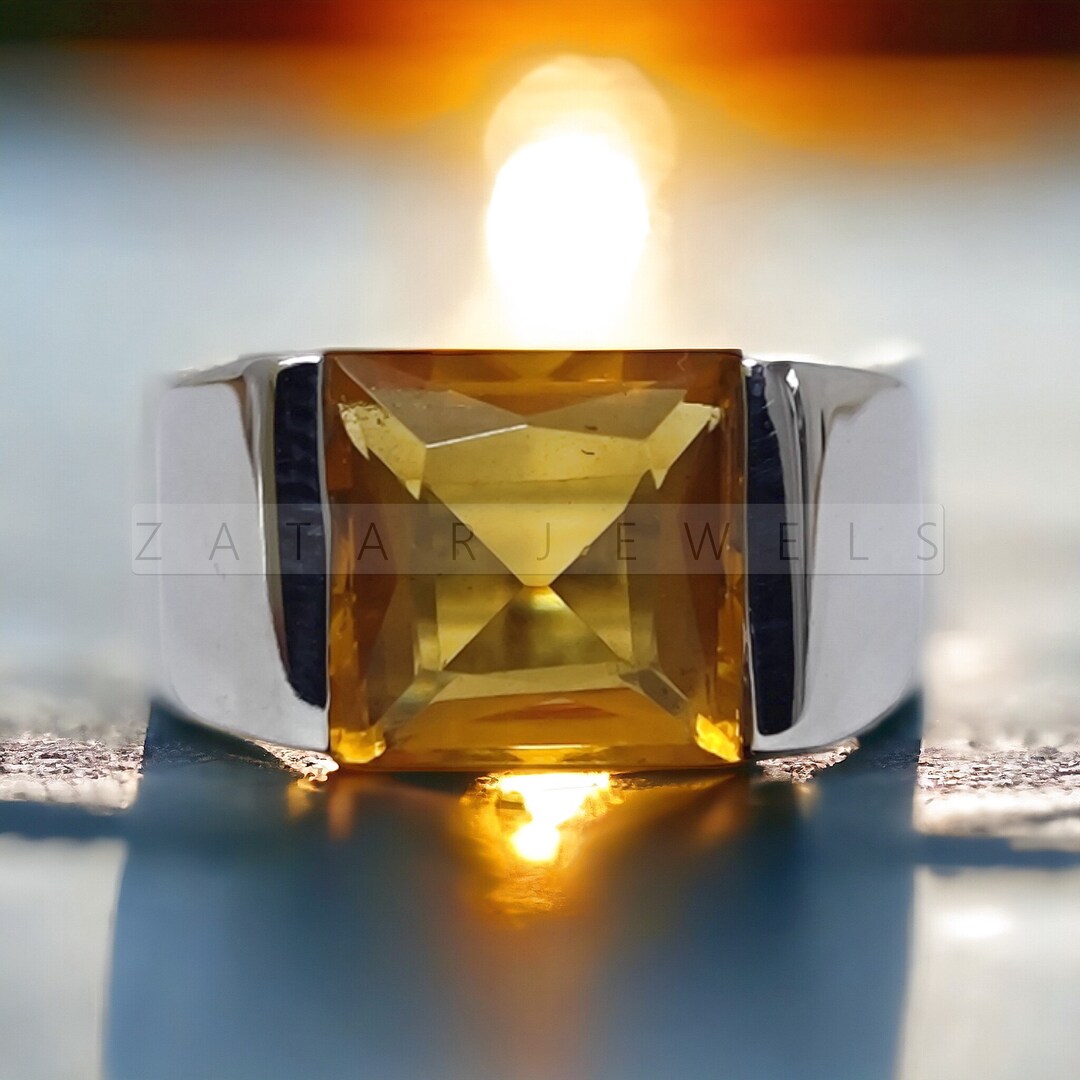 Citrine Ring for Men: Square November Birthstone, Sterling Silver & 14k ...