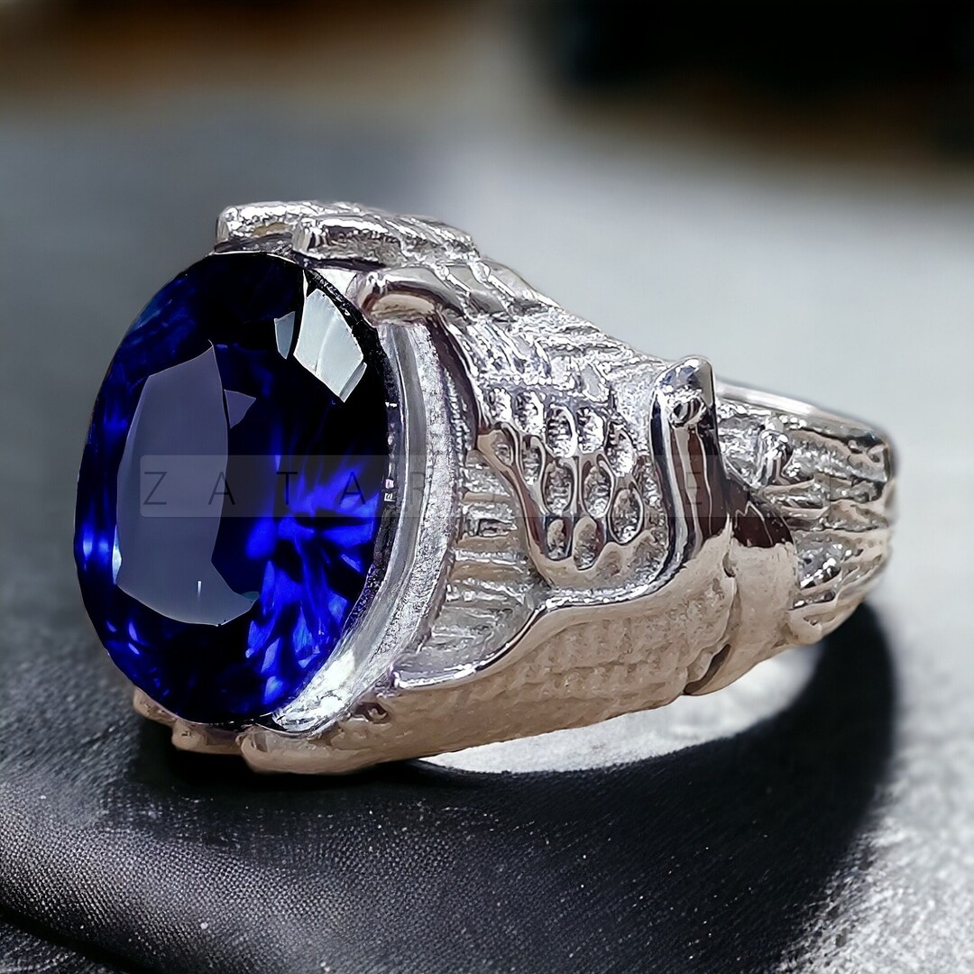 Blue Sapphire Men Ring, 14k Gold Over Ring, Anniversary Ring, Promise ...
