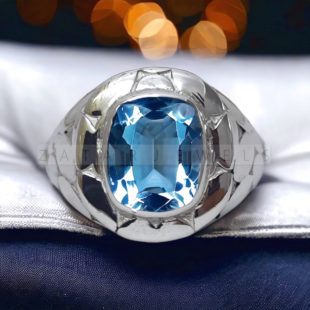 Handmade Aquamarine Sterling Silver Men's Ring: Art Deco Engraving ...