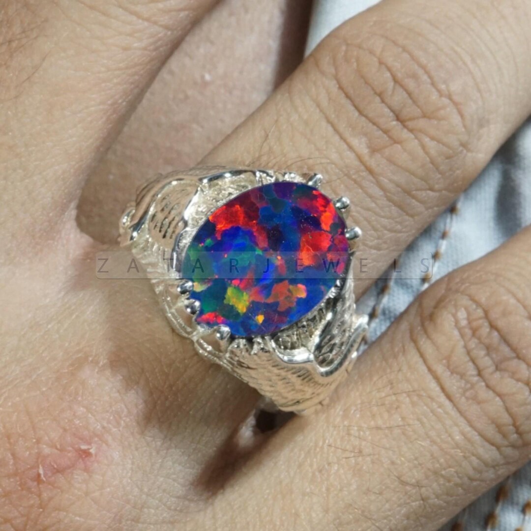 Black Opal Ring for Men, Black Opal Men's Ring, Engraving Ring, AAA Quality Opal Ring, Handmade ...