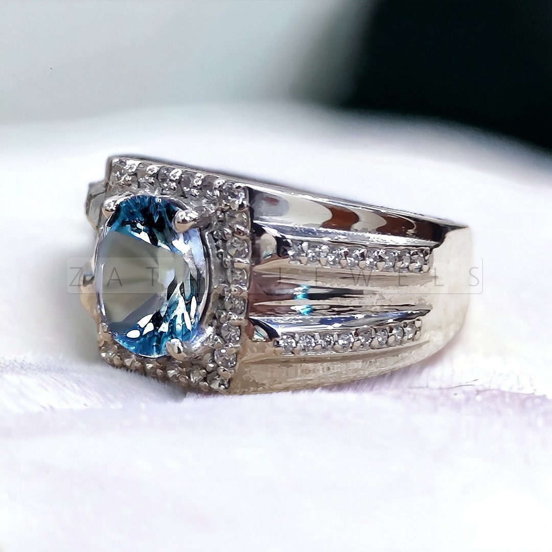Real Aquamarine Men's Ring, Sterling Silver Ring, Anniversary Ring ...