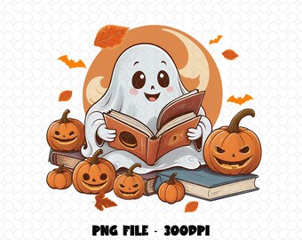 Bookish Ghost Pumpkin PNG, Ghost Reading Png,retro Halloween Png, Cute ...