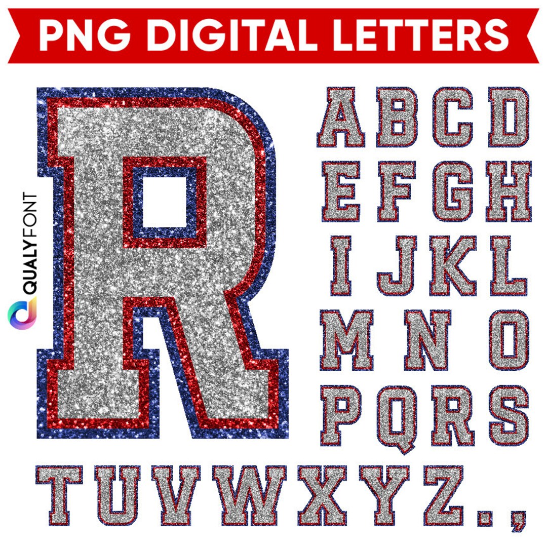 SPORTS LETTERS PNG, Gray White Red Blue, Faux Glitter Sparkling Varsity ...