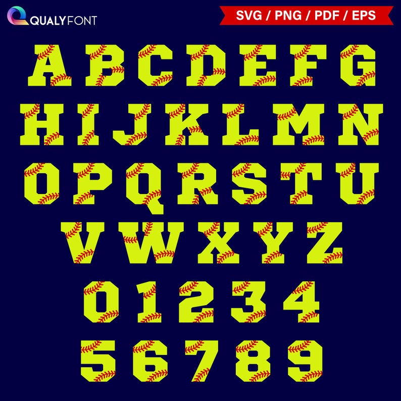 SOFTBALL/ Softball Font Svg, Png, Eps, Pdf, Yellow Red Stitches ...