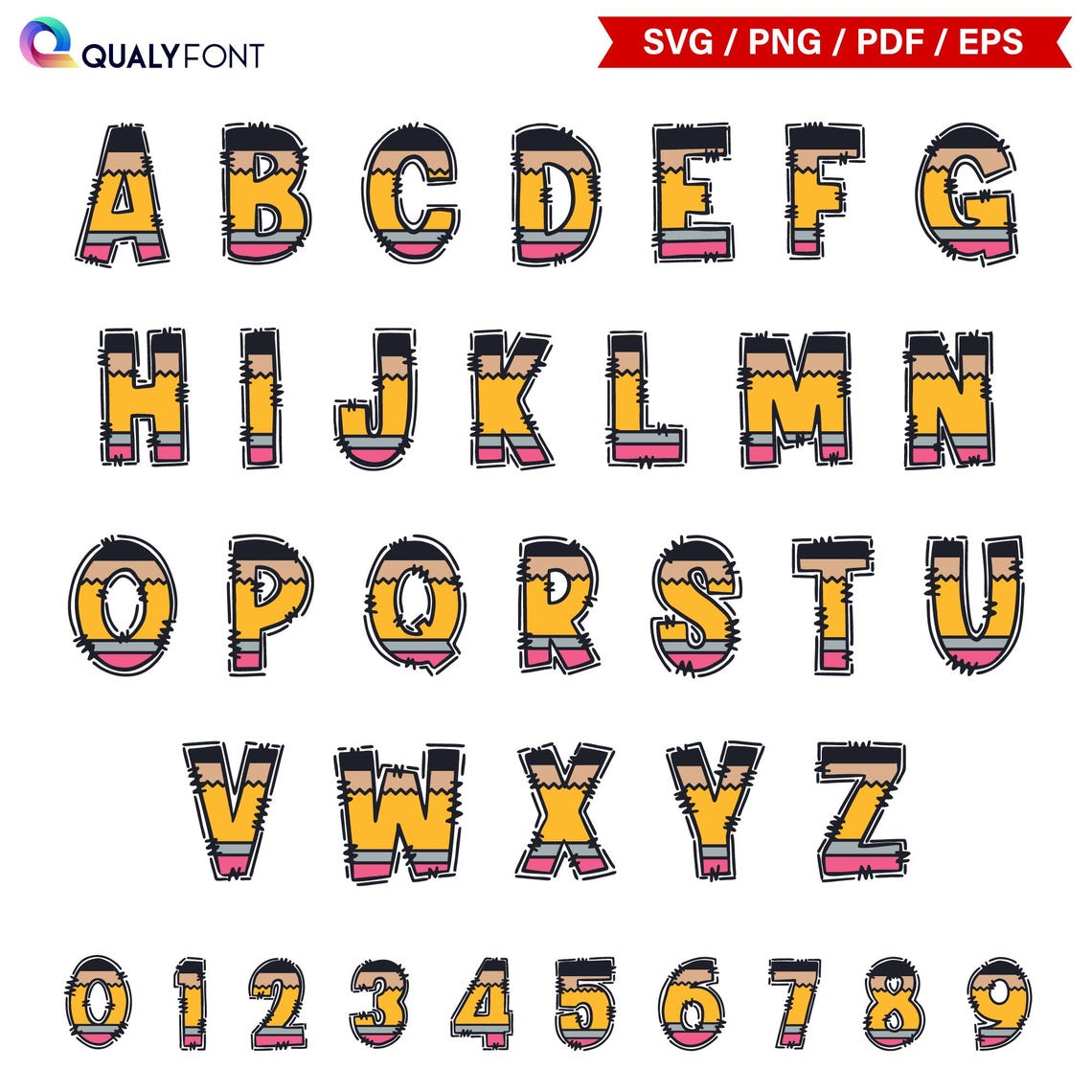 Back to School Font Svg, Png, Eps, Pdf, Pencil Letters & Numbers ...