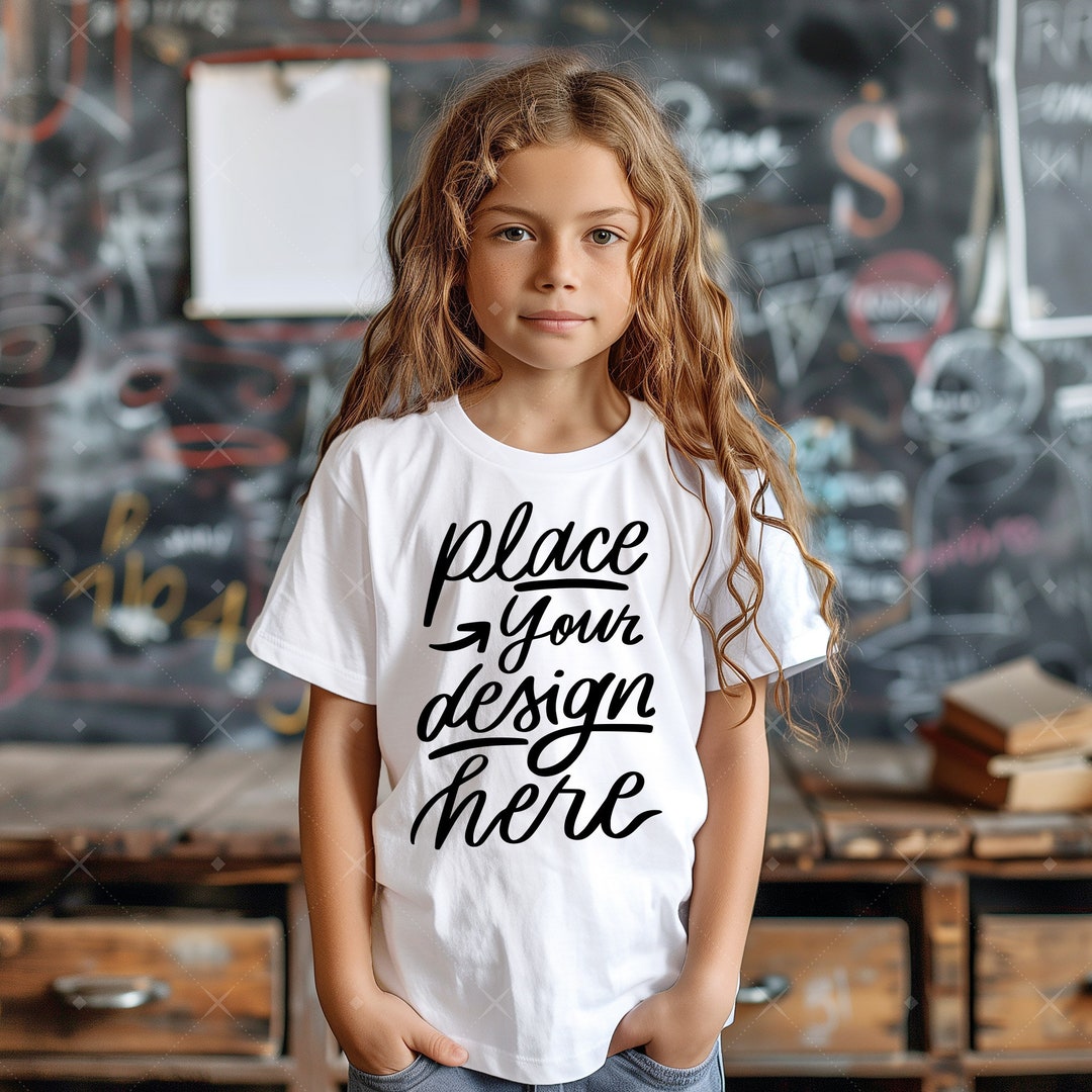 School Girl Mockup White T-shirt Mockup Kids Bella Canvas 3001T Kids T ...