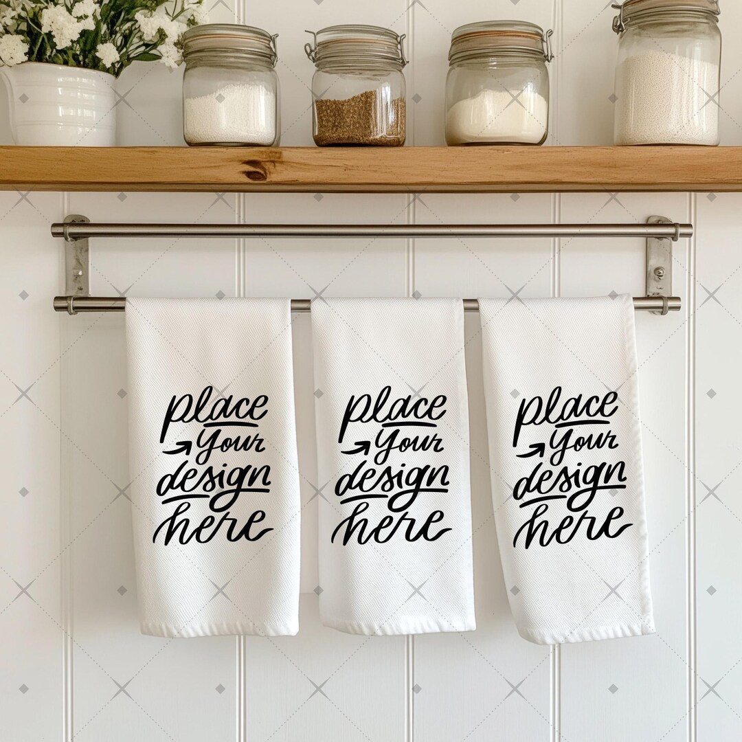 White Tea Towel Mockup Three Hanging Kitchen Towels Mock up Blank Dish ...