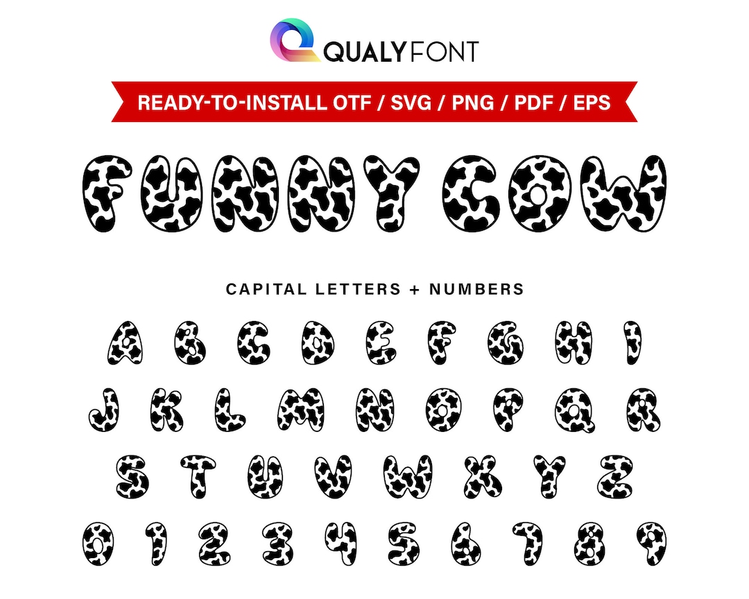 Cow Font SVG, PNG, OTF, Black White Cow Skin Pattern Letters Numbers ...