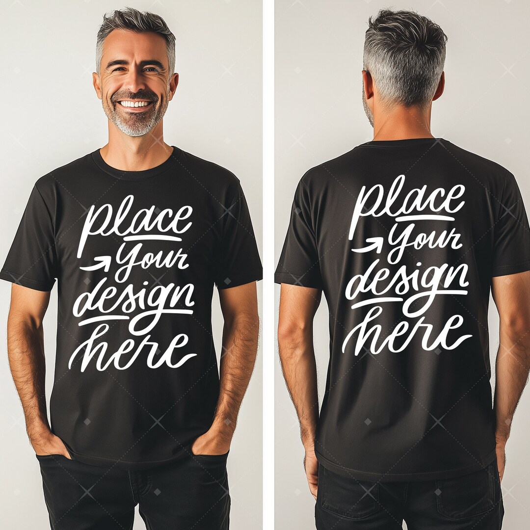 Tshirt Front & Back View Both Sides 40+ Man Model Tshirt Mock up Black ...