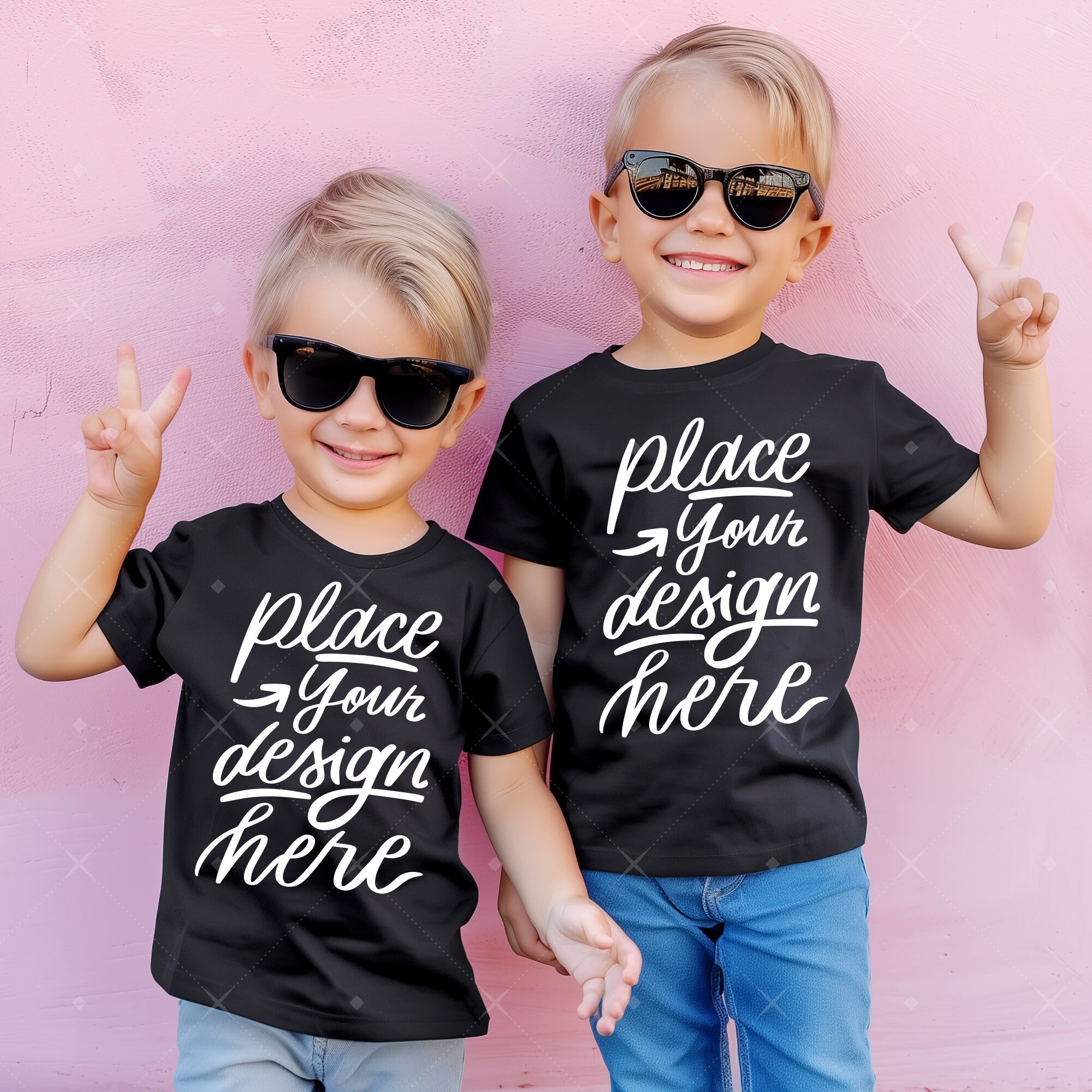 Boys Siblings Mockup, 2 Black T-shirts Mockup, Two Boys Models Mockup ...