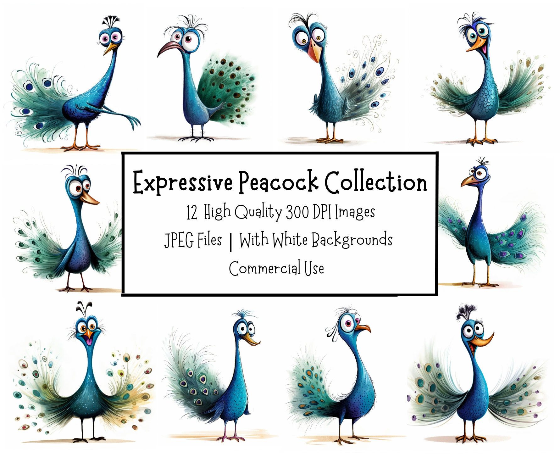 Funny Peacock Clipart Bundle | Collection of 12 Expressive Bird ...