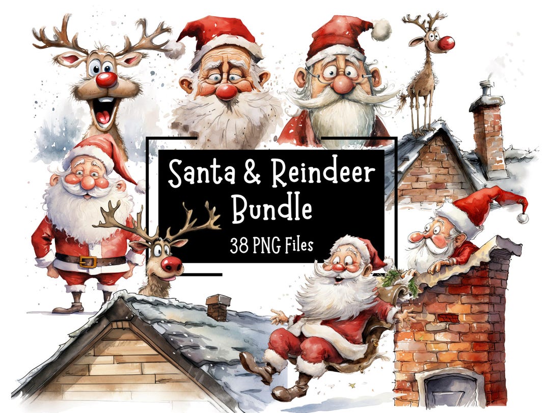 38 Cute & Funny Christmas Santa and Reindeer PNG Bundle | Transparent ...