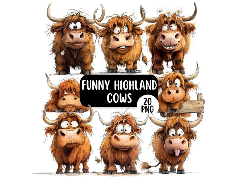 20 Funny Highland Cow PNG Clipart Bundle, Transparent Backgrounds ...