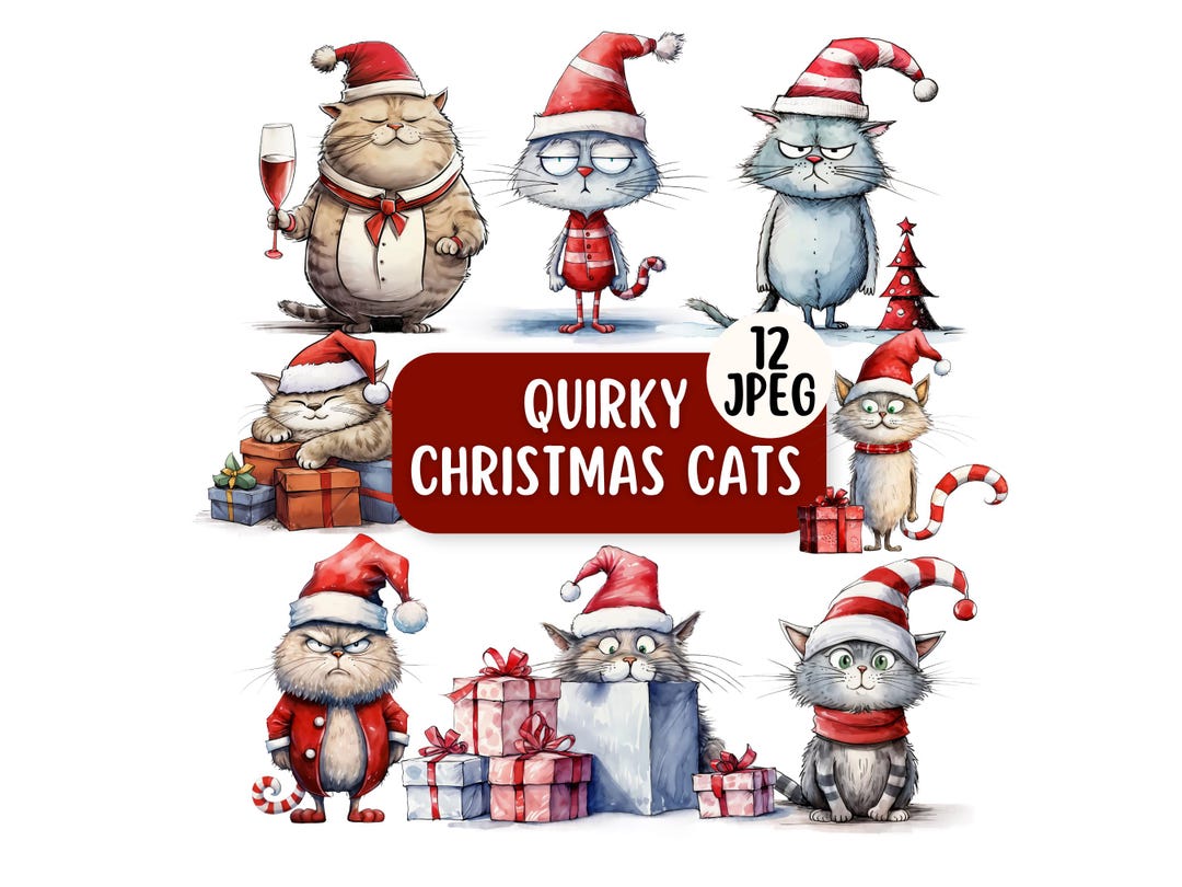 Quirky Christmas Cat Clipart Bundle | 12 PNG Cute & Funny Cats ...