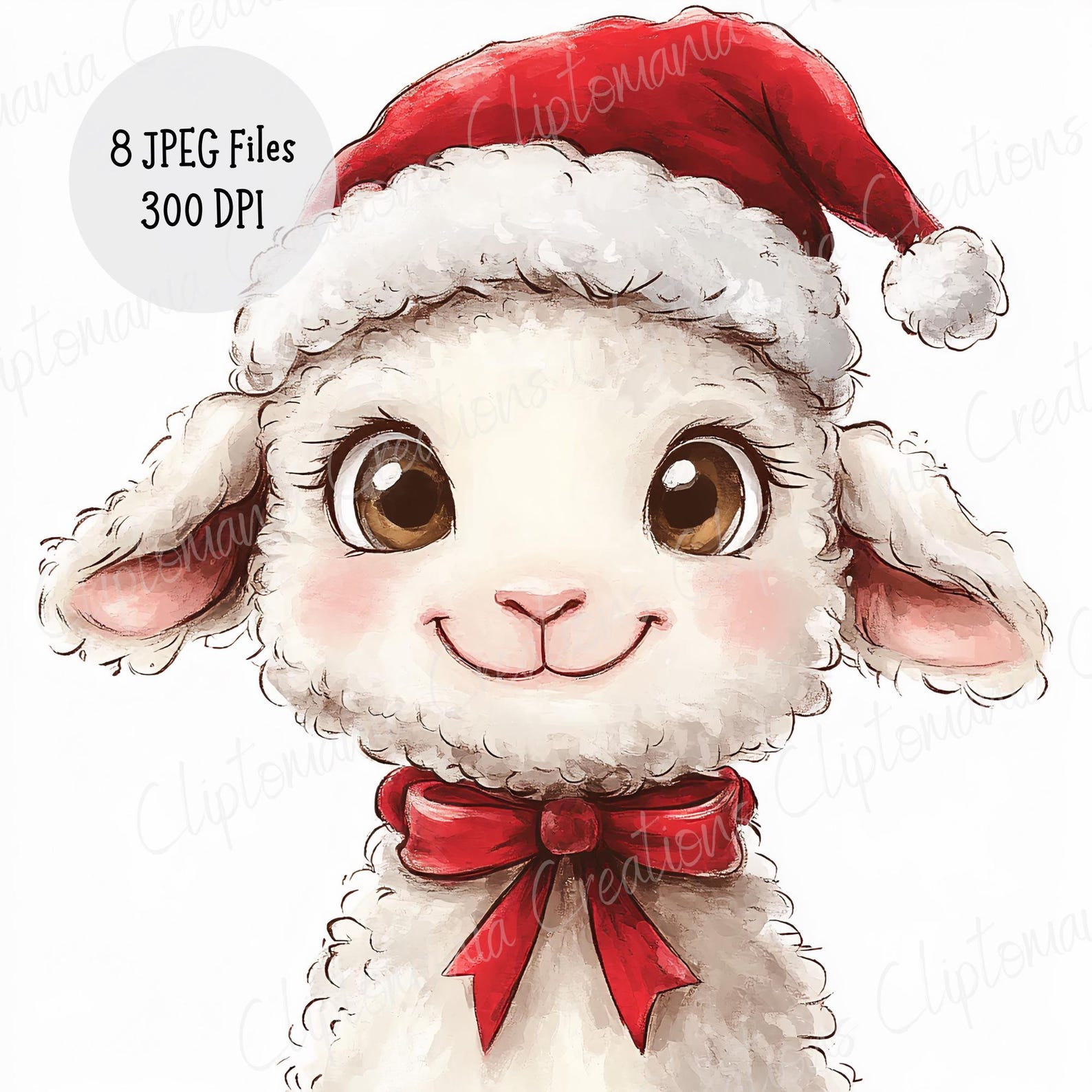 Cute Christmas Lamb Faces 8 JPEG Clipart Bundle | White Backgrounds ...