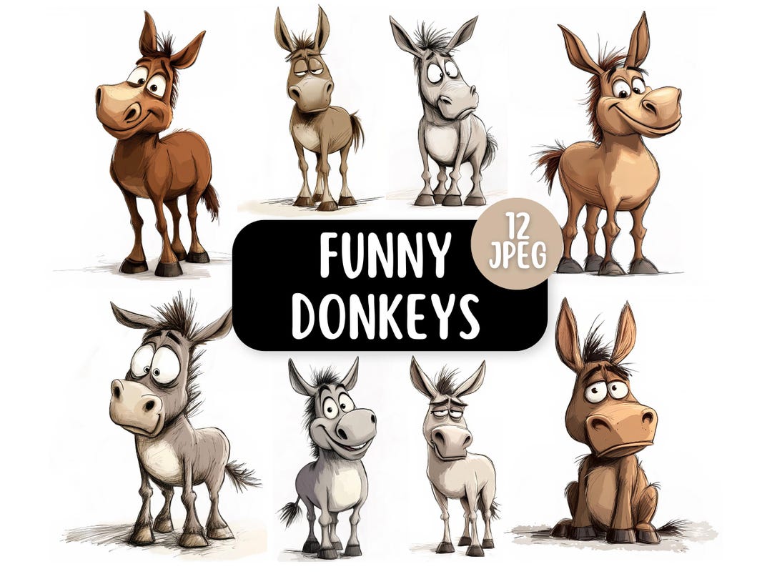 Funny Donkey Clipart Bundle 12 Jpeg's | Funny Farm Animal Clipart ...
