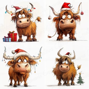 Cute & Funny Festive Highland Cow Clipart Bundle 10 JPEG Graphics White ...