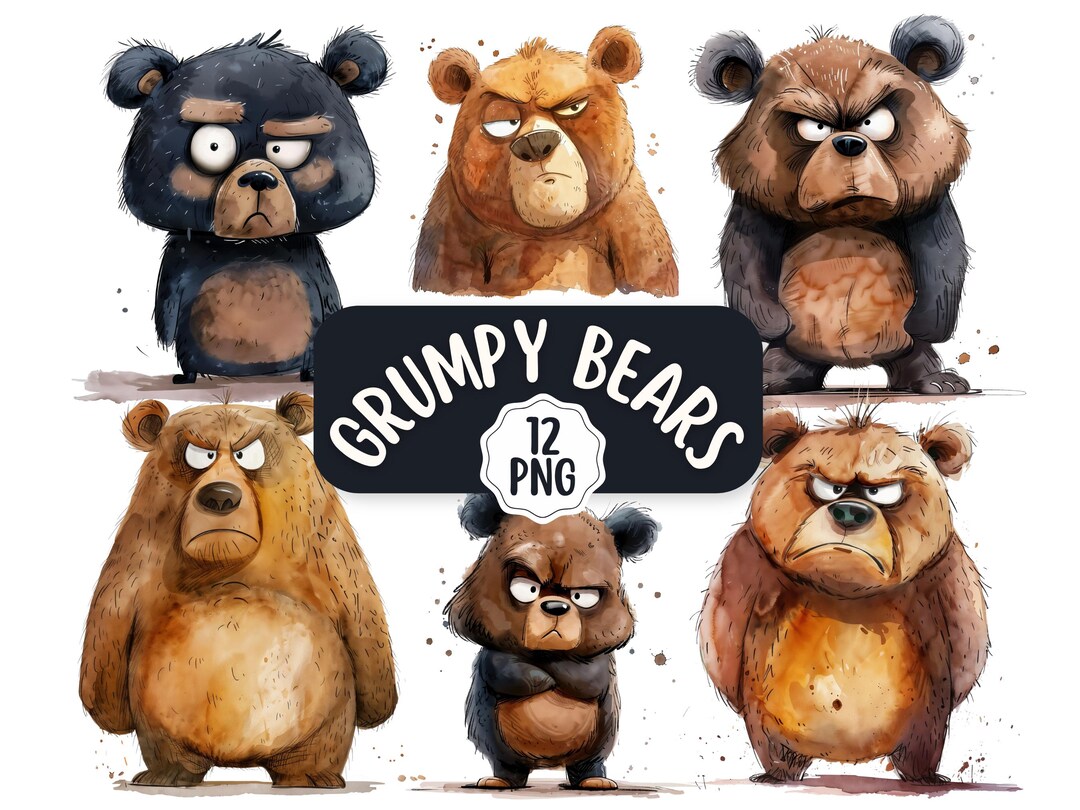 Funny Grumpy Bear Clipart Bundle 12 PNG Designs | Quirky Bear PNG ...