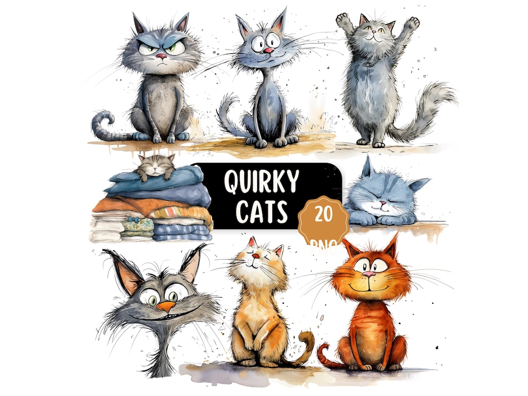 Cute, Funny & Quirky Cat PNG Clipart Bundle, Whimsical Pet Cat Clipart ...