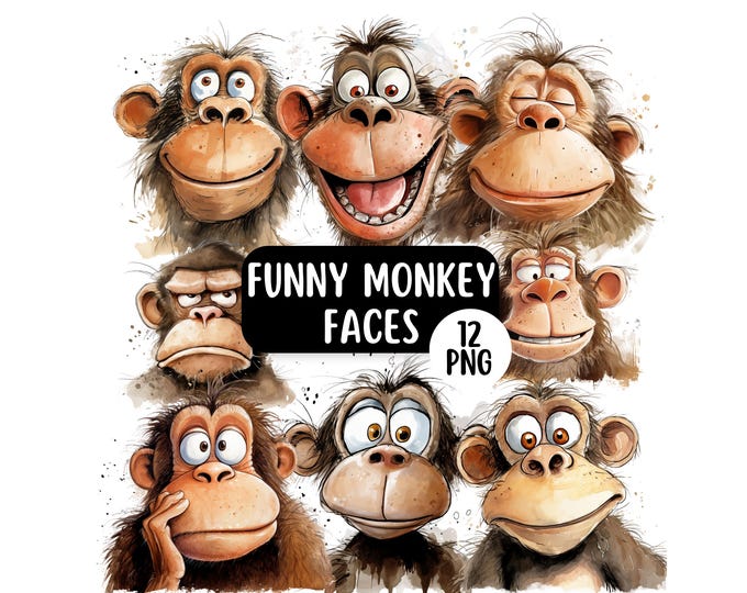 Funny Monkey Faces Clipart: 34 Watercolor PNG Bundle (commercial Use ...