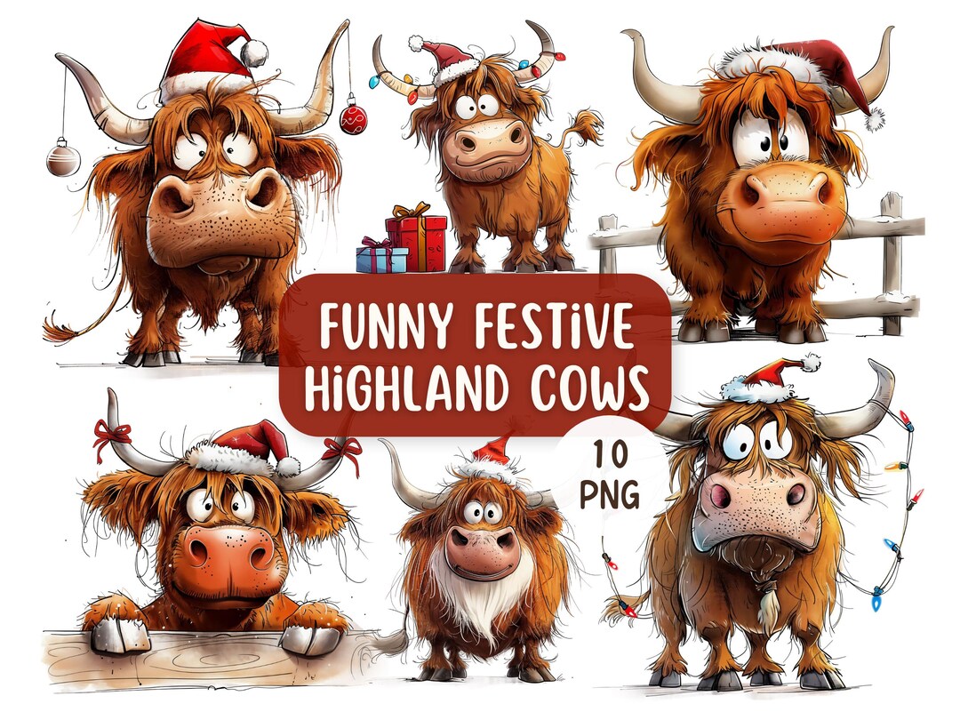 Cute & Funny Festive Highland Cow PNG Clipart Bundle | Transparent ...