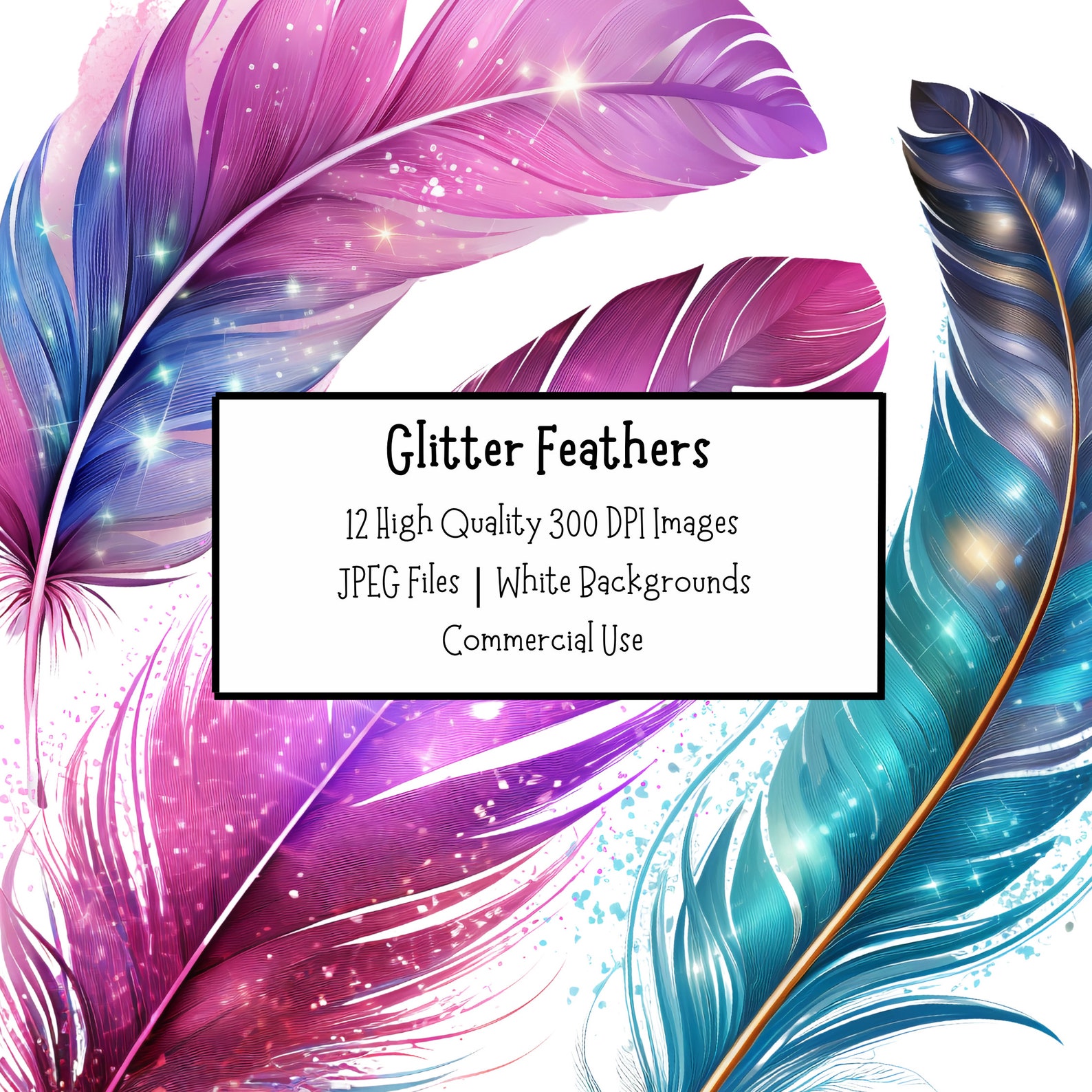 Glitter Feather Clipart | Blue, Purple & Pink Feathers | 12 High ...