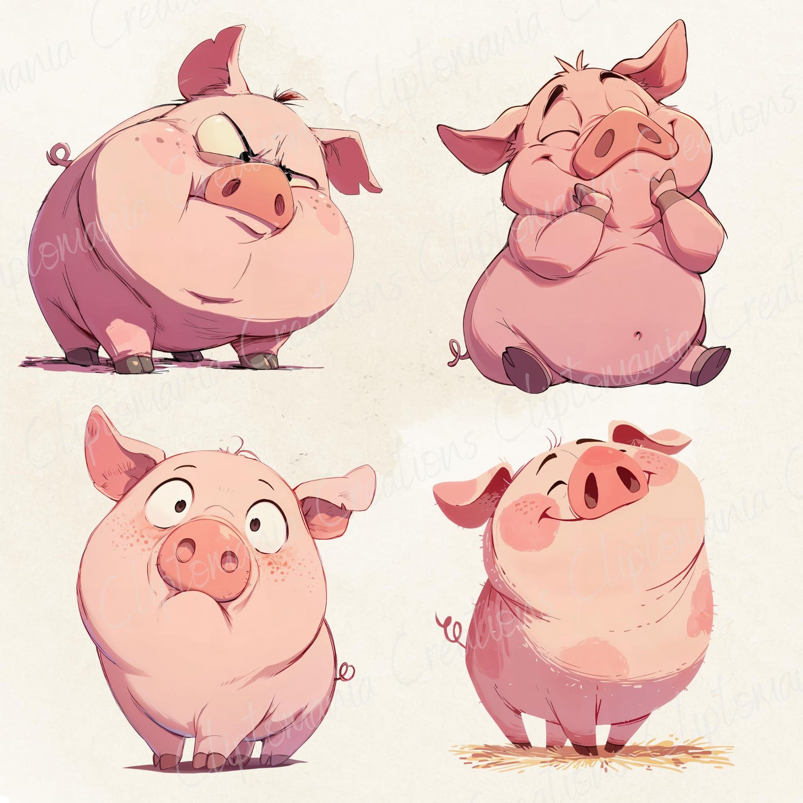 Cute and Funny Pig PNG Clipart Bundle, Commercial Use, Quirky Pig ...