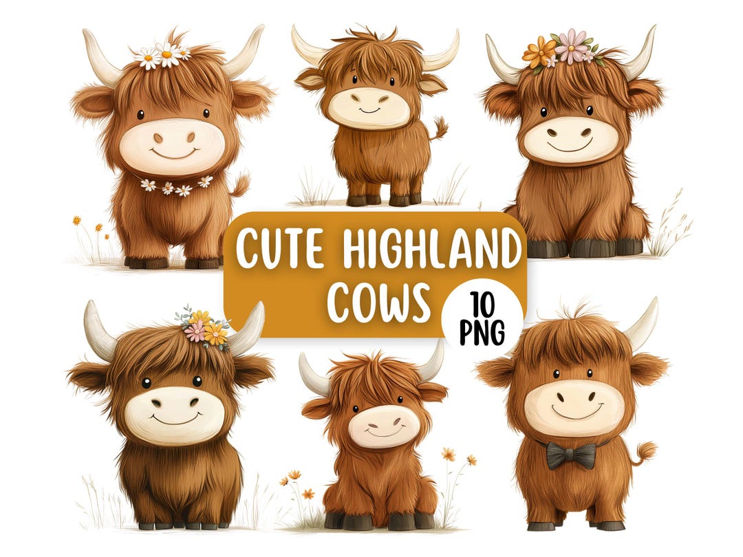 Cute Highland Cow Clipart Bundle 10 PNG Designs | Commercial Use | Cute ...