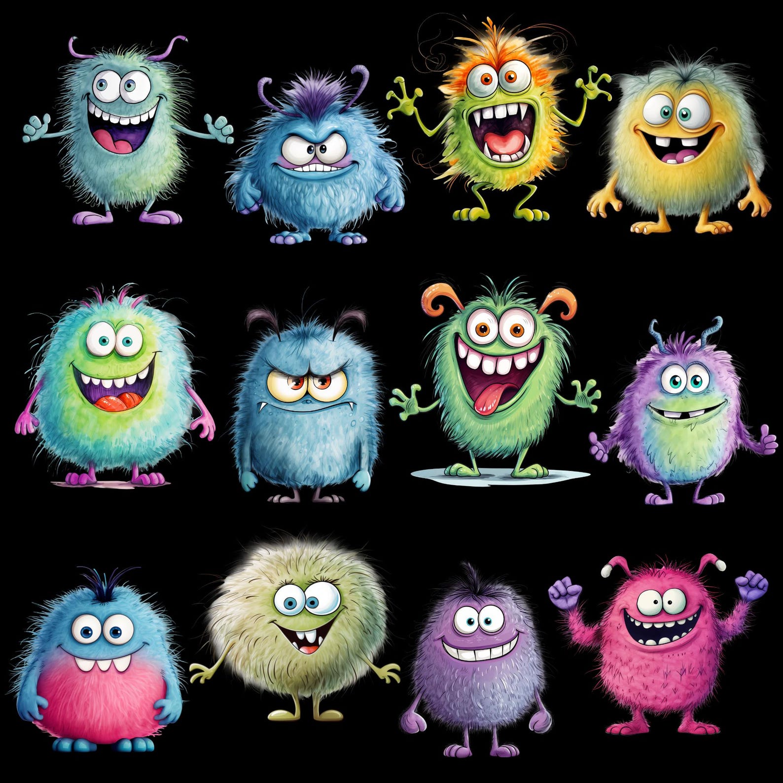 Funny Fluffy Monster Clipart Bundle 12 PNG | Cute Cartoon Monsters ...