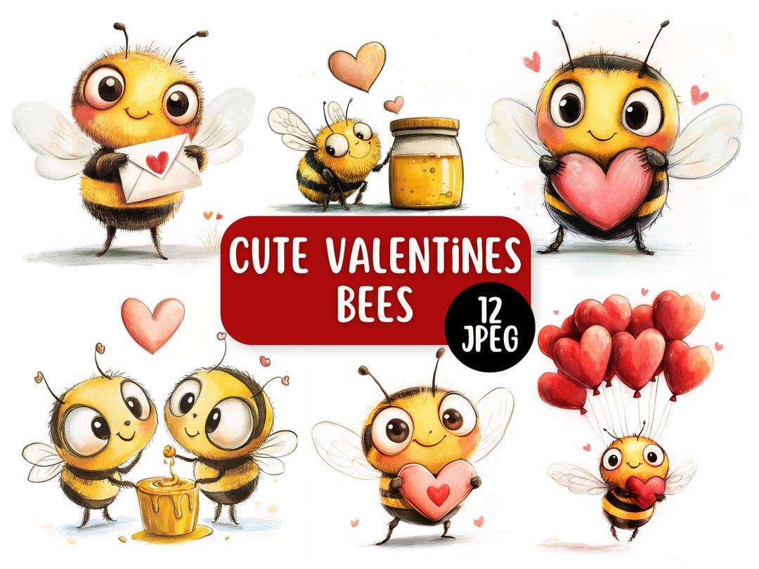 Cute Valentines Bees 12 JPEG Clipart Bundle | Commercial Use | Card ...