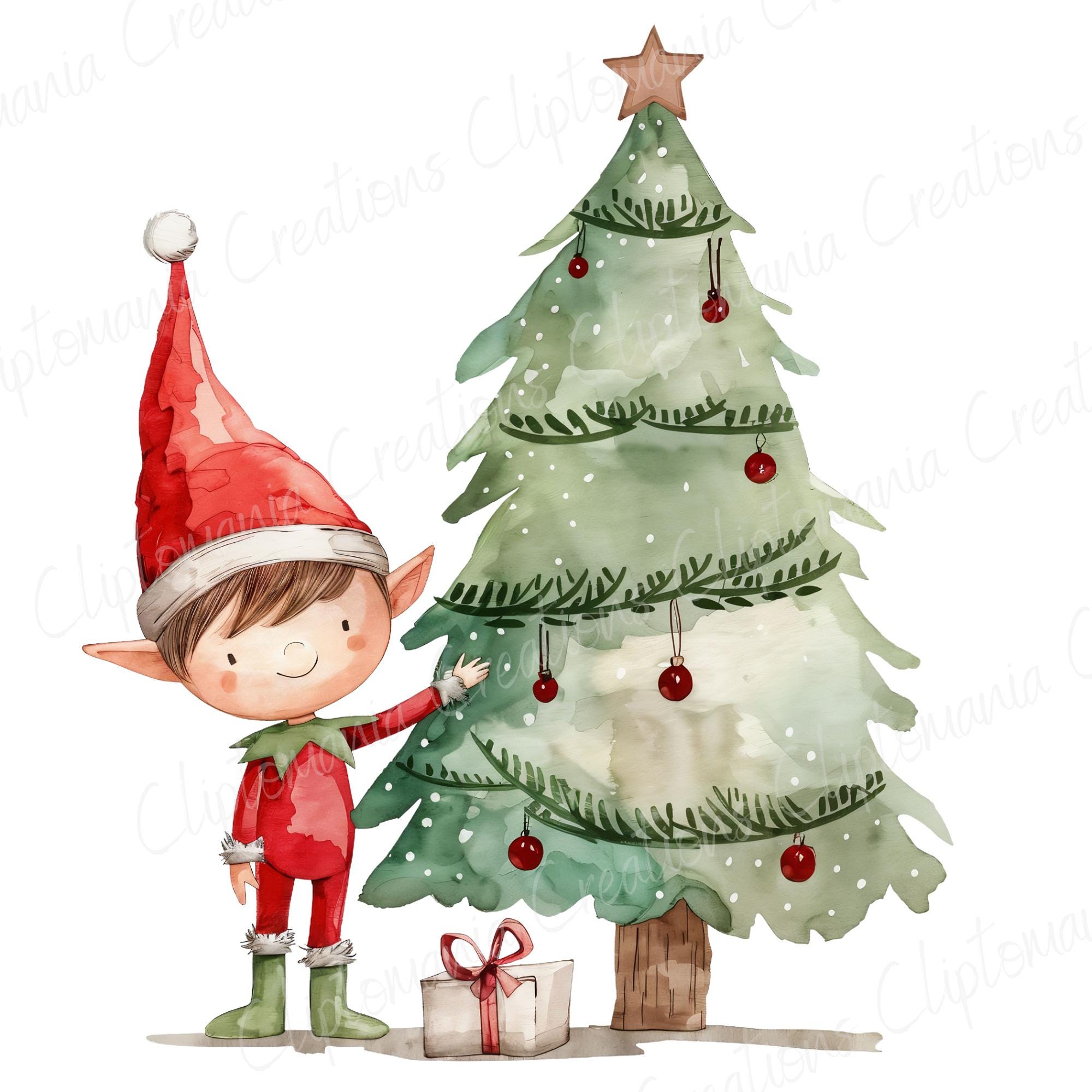 Cute Christmas Elves 12 PNG Clipart Bundle, Printable Watercolour ...