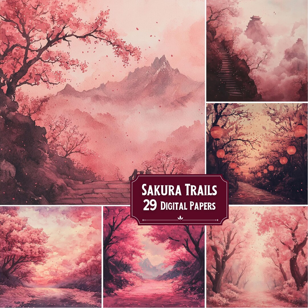 Cherry Blossom Sakura Trails Digital Papers, Watercolour Backgrounds ...