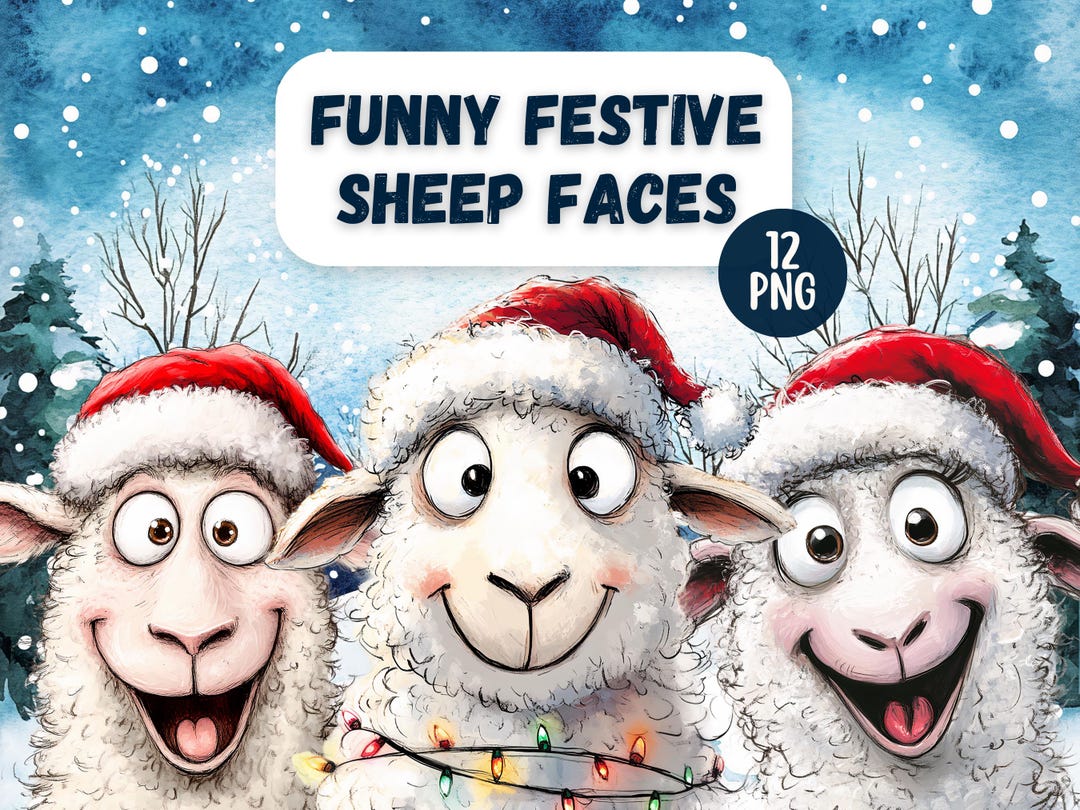 Funny Festive Sheep Faces 12 PNG Clipart Bundle + 3 Backgrounds ...