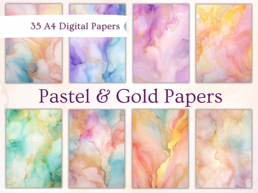 35x A4 Pastel and Gold Watercolour Marble Digital Paper Pack | 35 ...