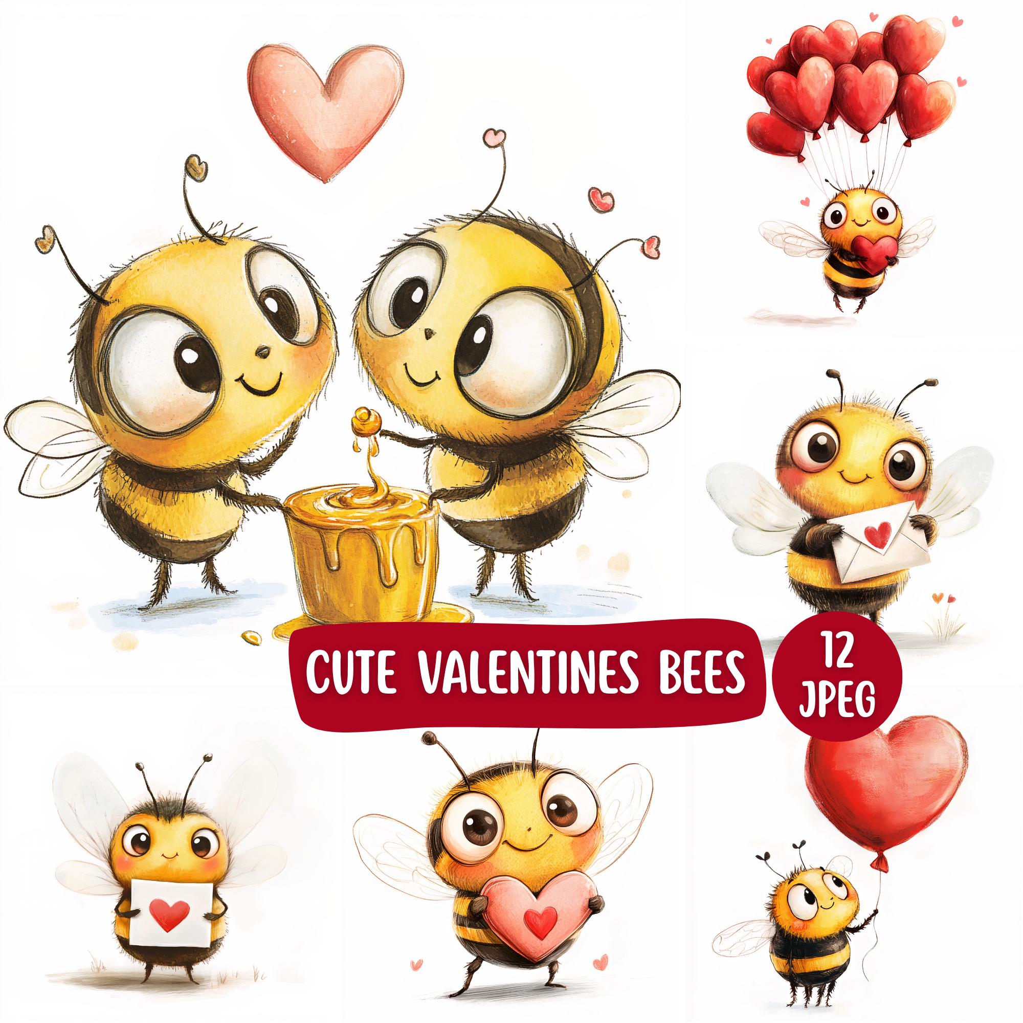 Cute Valentines Bees Clipart Bundle | Watercolour Bees | Valentines Day ...
