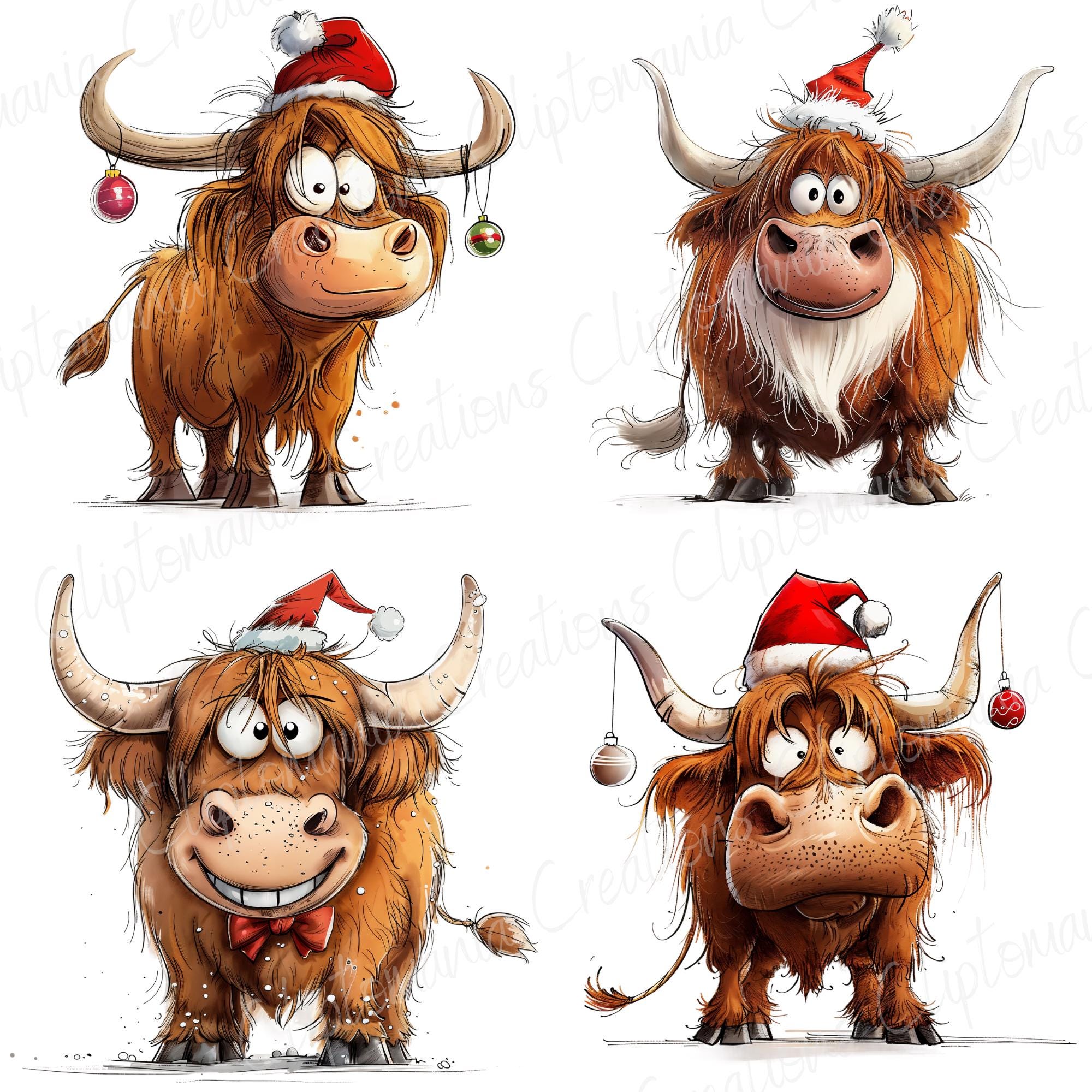 Cute & Funny Festive Highland Cow PNG Clipart Bundle | Transparent ...