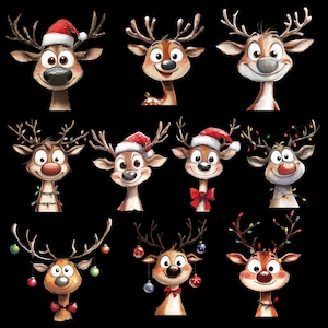 Cute Christmas Reindeer Faces PNG Clipart Bundle, Watercolour Christmas ...