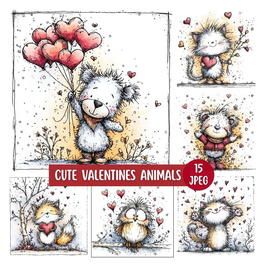 Cute Valentines Animal Clipart Bundle 15 JPEG Files | Woodland Animals ...