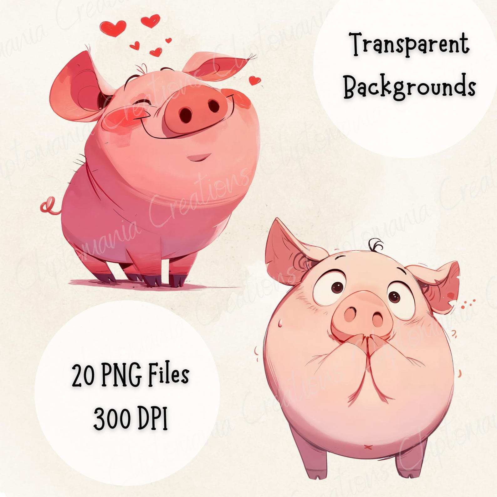 Cute and Funny Pig PNG Clipart Bundle, Commercial Use, Quirky Pig ...