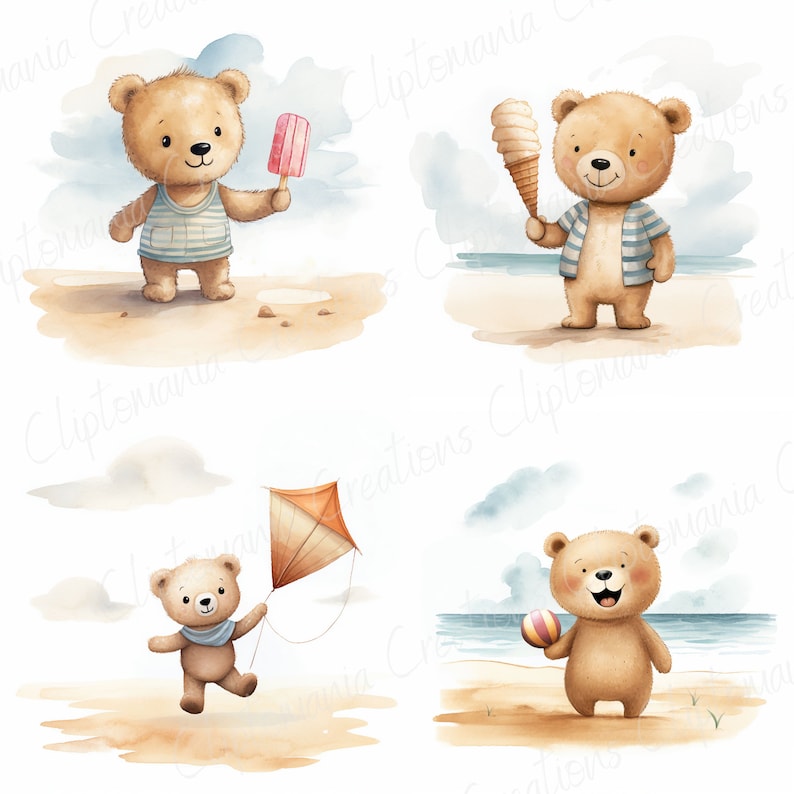 Cute Teddy Bears at the Beach Clipart Bundle 12 JPEG Images | Summer ...