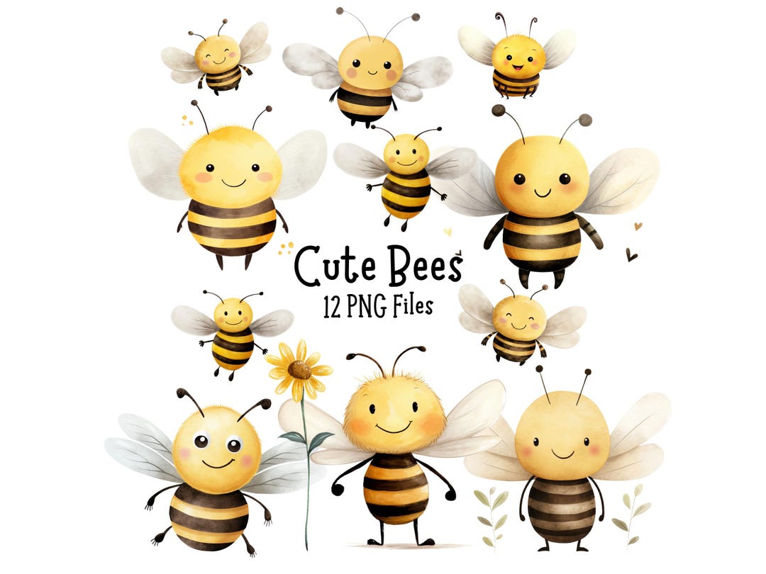 Watercolor Bee Clipart Bundle | Cute Bumble Bees, 12 PNG Files ...