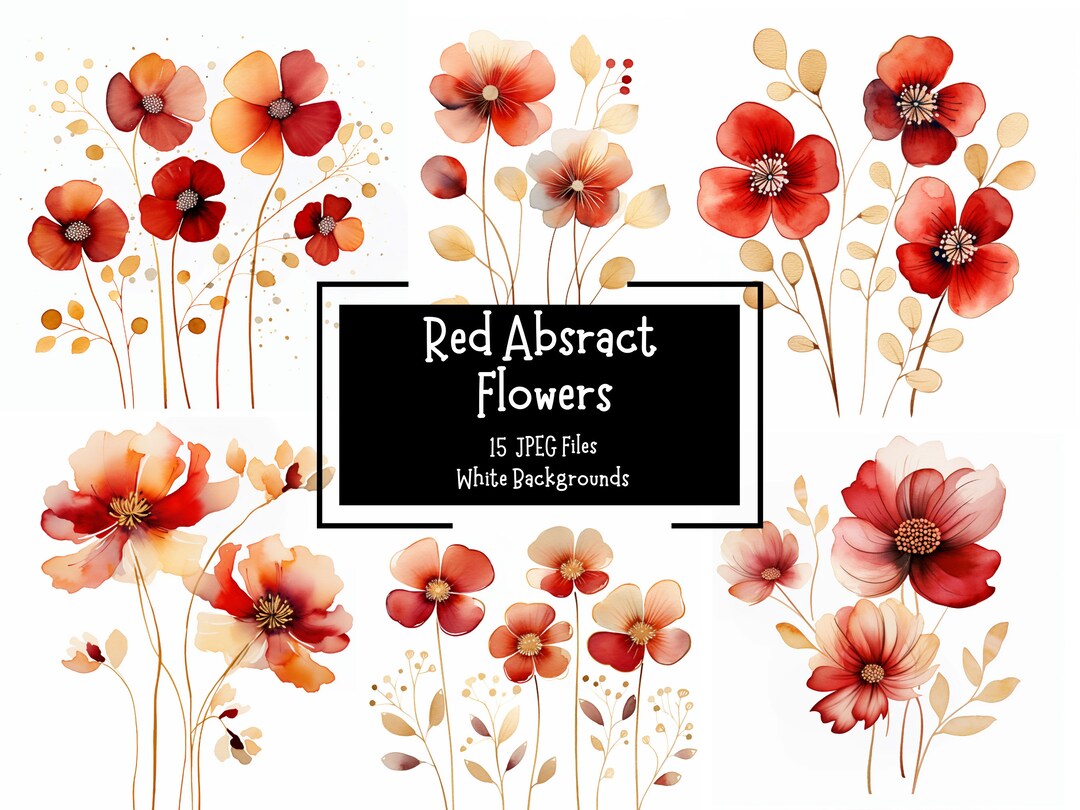 15 Red & Gold Abstract Flowers Clipart Bundle | 300DPI JPEG Images With ...