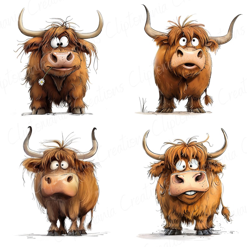 20 Funny Highland Cow PNG Clipart Bundle, Transparent Backgrounds ...