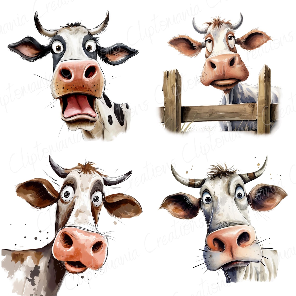 Funny Cow Faces PNG Clipart Bundle, Funny Farm Animal Graphics, Quirky ...